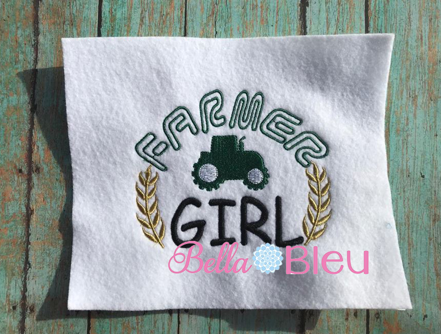 Fun Farmer Girl with tractor and wheat filled machine embroidery desig ...